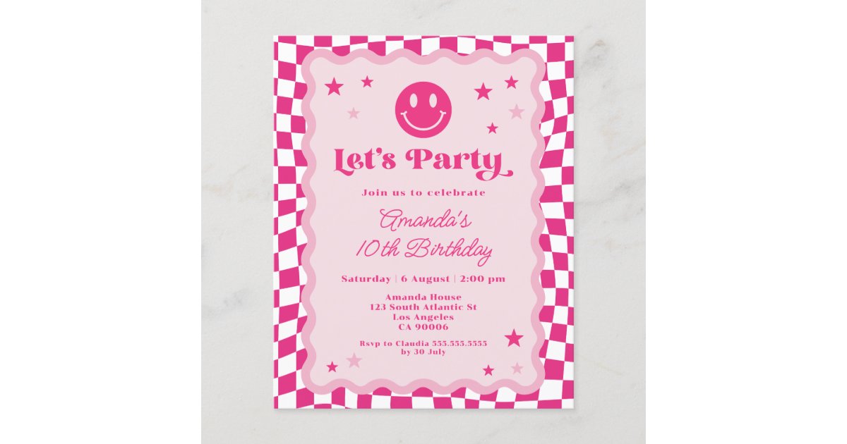 Budget Smile Face Hot Pink Retro Birthday Invite | Zazzle