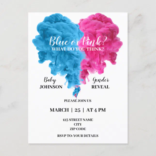 Budget smoke gender reveal invitation postcard | Zazzle