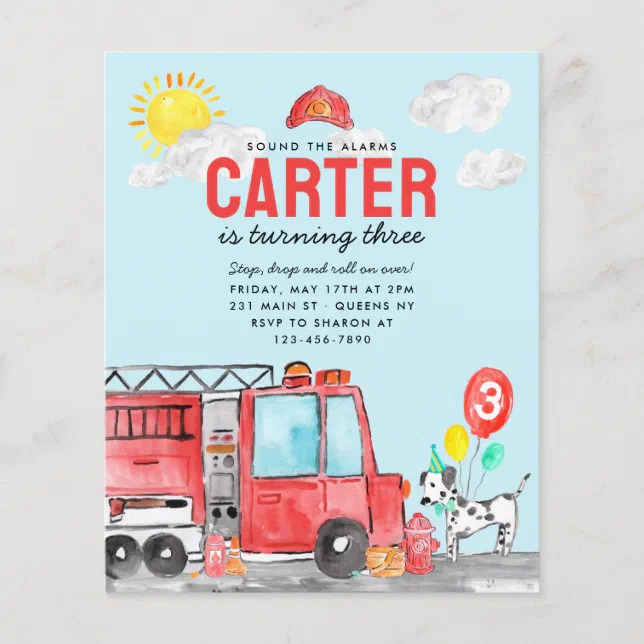 Budget Sound the Alarm Fire Truck Fireman Birthday Flyer | Zazzle