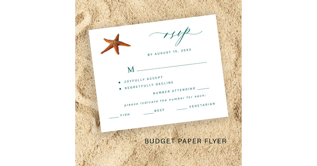 Budget starfish aqua teal menu choice wedding rsvp flyer | Zazzle