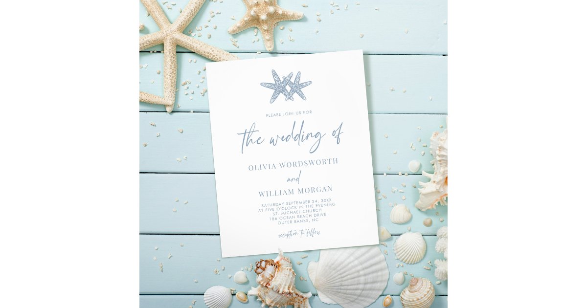 Budget Starfish Dusty Blue Script Wedding Invite Flyer | Zazzle