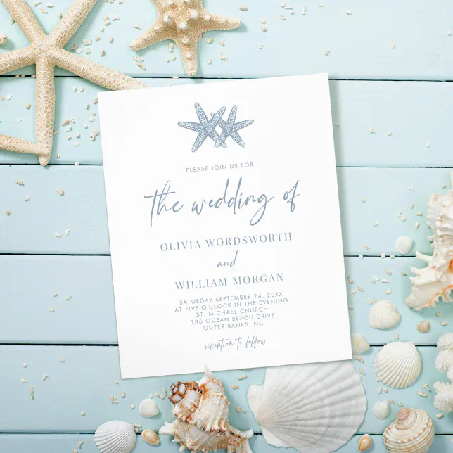 Budget Starfish Dusty Blue Script Wedding Invite Flyer | Zazzle