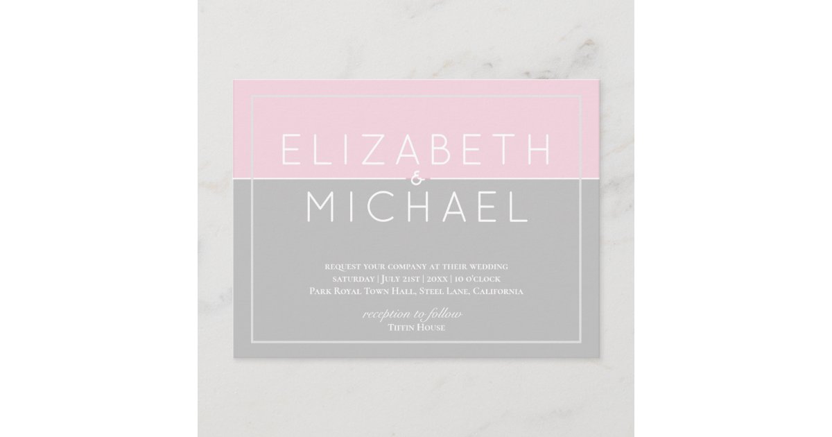 Budget Sugar Pink Grey Wedding Invitation Modern Postcard | Zazzle
