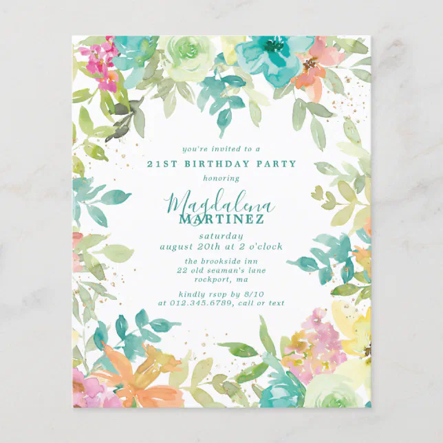 Budget Summer Floral 21st Birthday Invitation | Zazzle