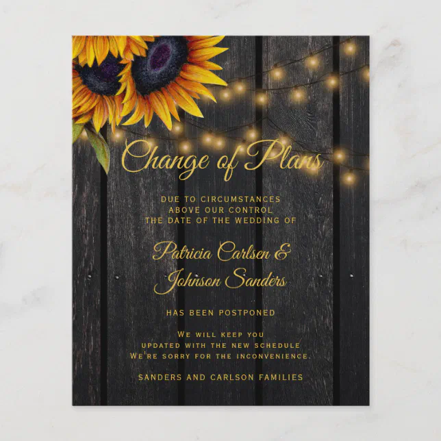 Budget sunflower wedding postponement announcement flyer | Zazzle