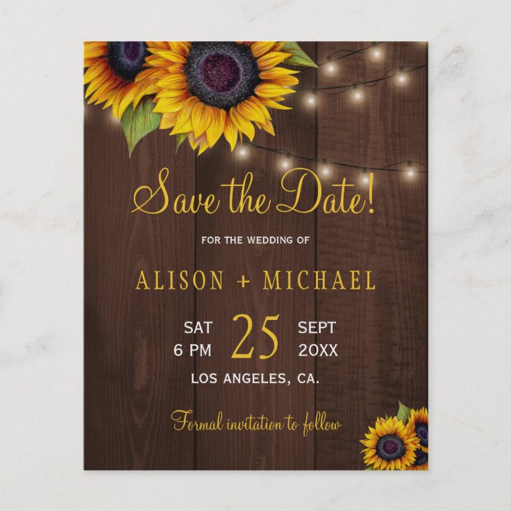 Budget sunflowers rustic wood save date wedding flyer | Zazzle