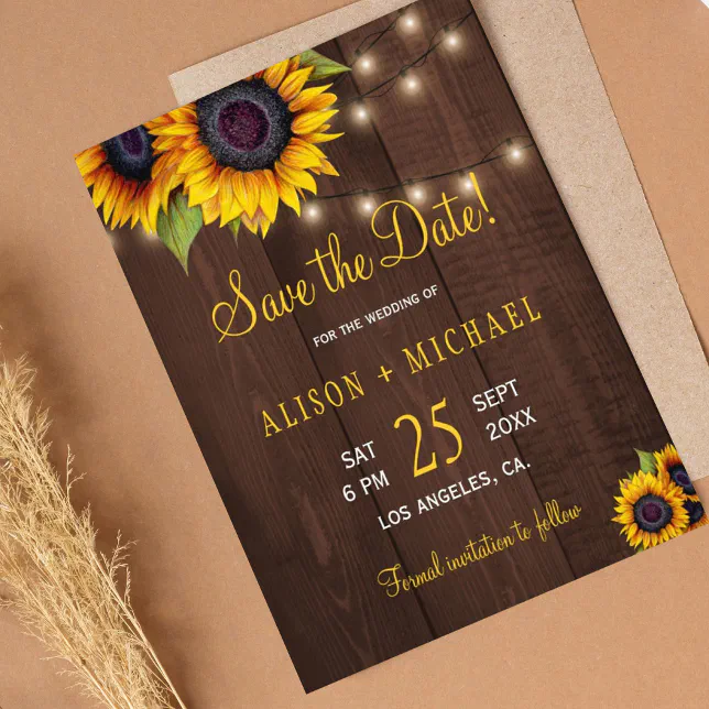Budget sunflowers rustic wood save date wedding flyer | Zazzle