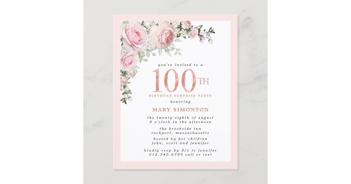 BUDGET SURPRISE 100th Birthday Party Pink Floral | Zazzle