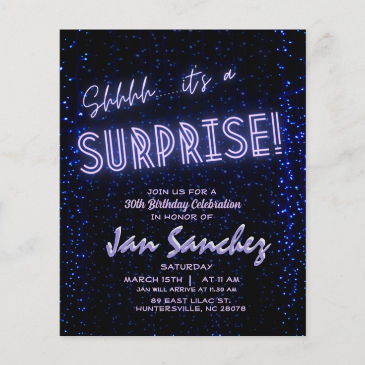 Budget surprise birthday invitation blue and black flyer | Zazzle