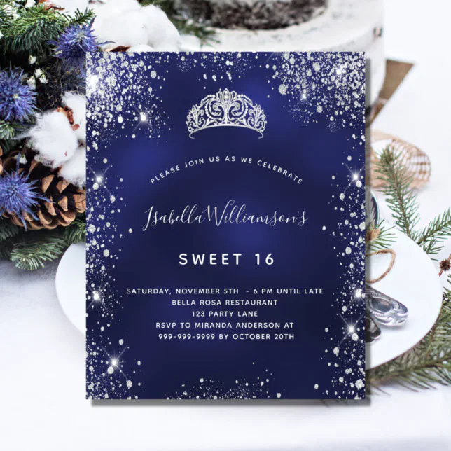 Budget Sweet 16 blue silver tiara invitation | Zazzle