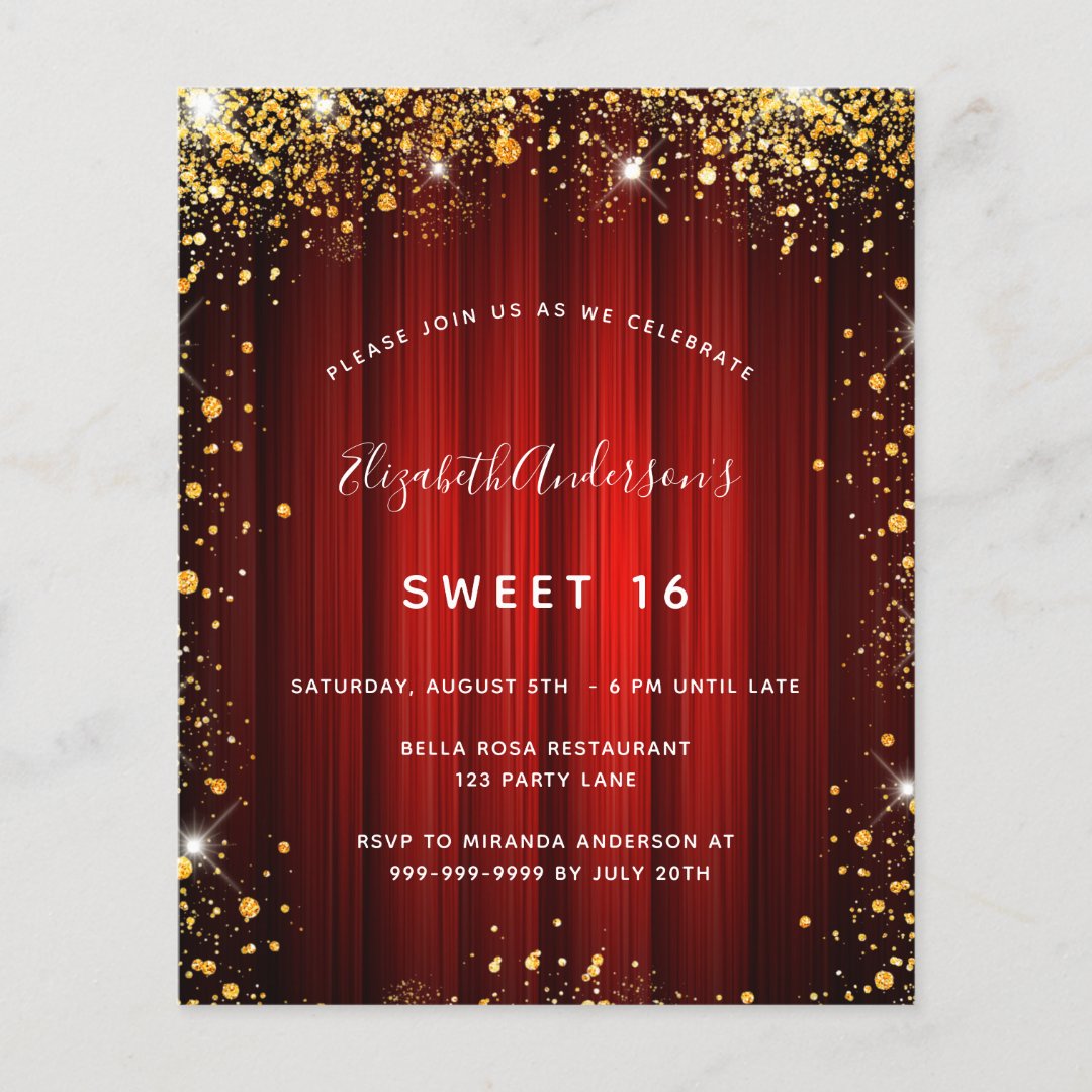 Budget Sweet 16 red gold movie theater invitation | Zazzle