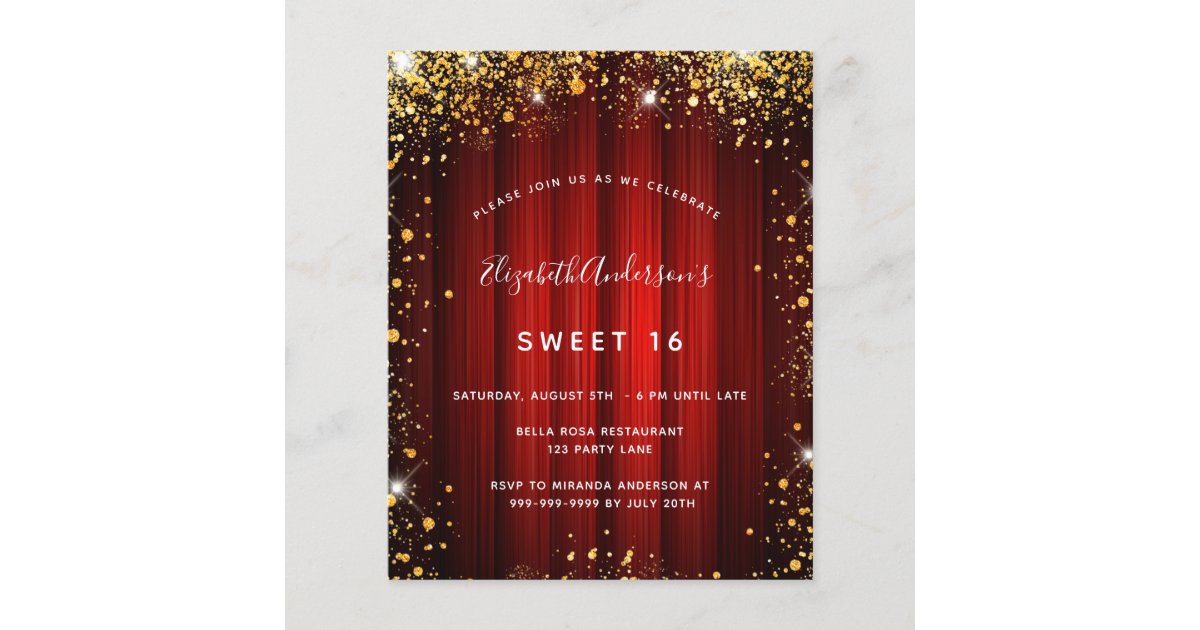 Budget Sweet 16 red gold movie theater invitation | Zazzle