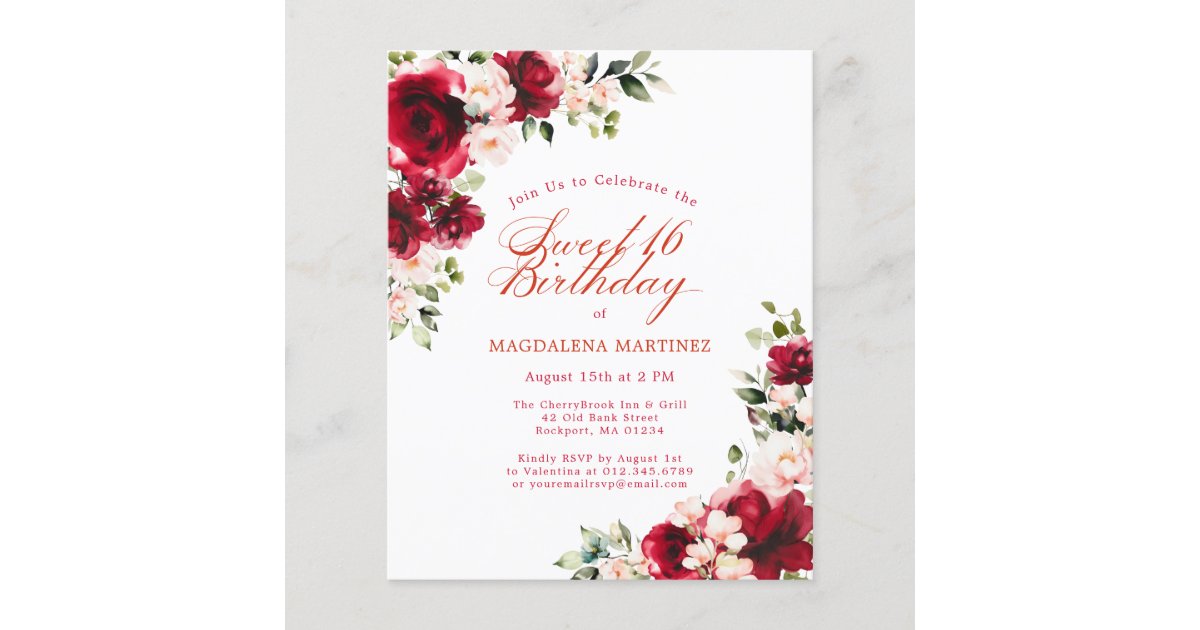 BUDGET Sweet 16 Red Pink Birthday Invitation | Zazzle