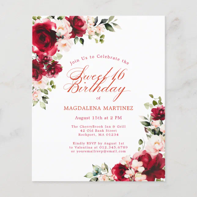 BUDGET Sweet 16 Red Pink Birthday Invitation | Zazzle