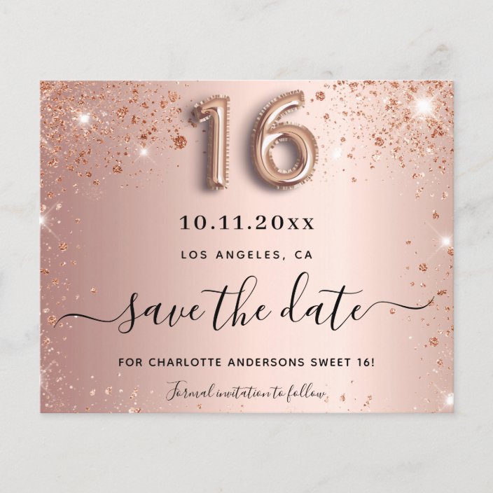 Budget sweet 16 rose gold glitter save the date | Zazzle.com