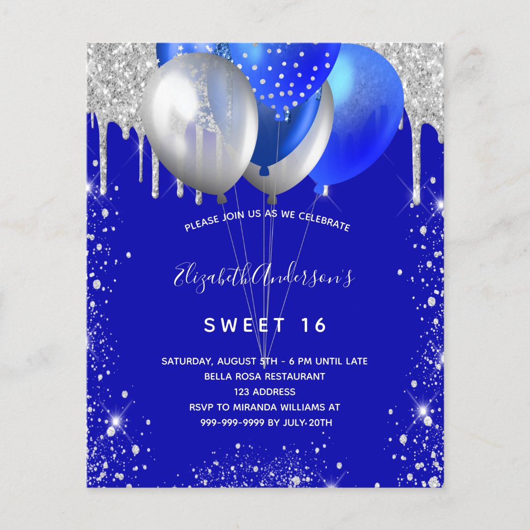 Budget Sweet 16 royal blue silver invitation | Zazzle