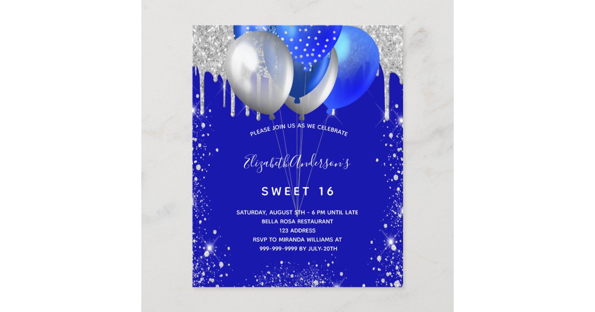 Budget Sweet 16 royal blue silver invitation | Zazzle