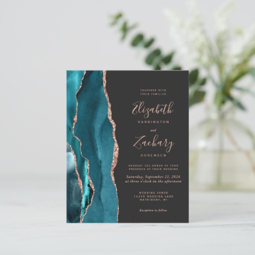 Budget Teal Agate Rose Gold Wedding Invitation | Zazzle