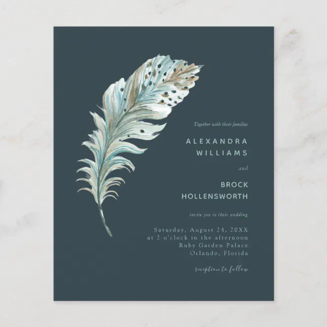 Budget Teal Boho Feather Minimal Wedding Invite | Zazzle
