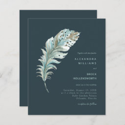 Budget Teal Boho Feather Minimal Wedding Invite | Zazzle