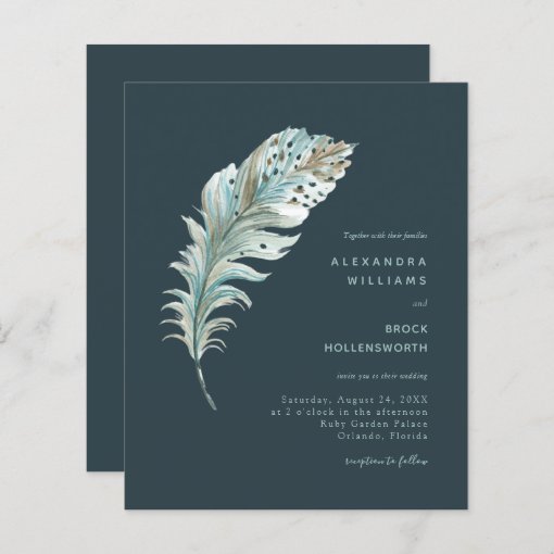 Budget Teal Boho Feather Minimal Wedding Invite | Zazzle