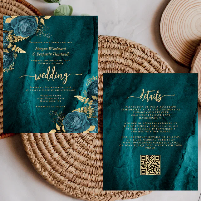 Budget Teal Gold Floral QR Code Wedding Invite | Zazzle