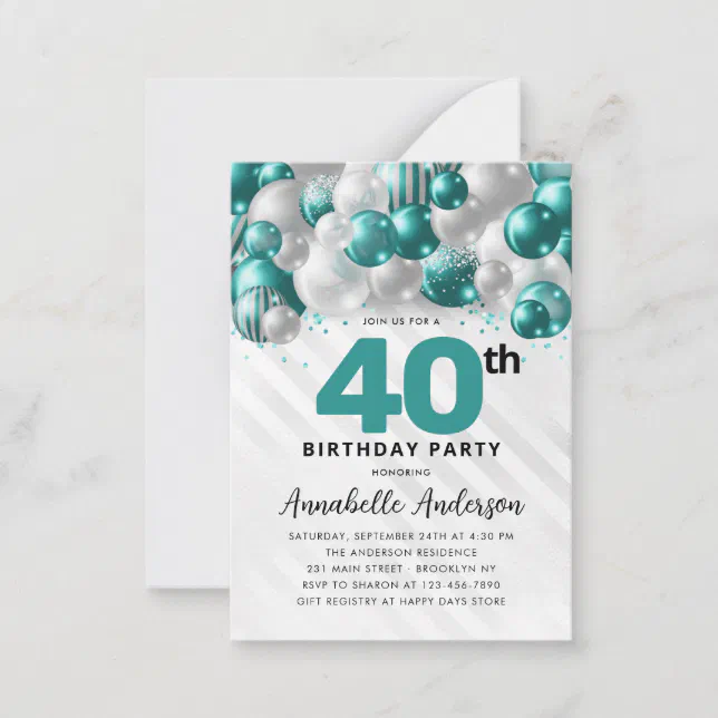 Budget Teal Silver Balloon Glitter 40th Birthday Note Card | Zazzle