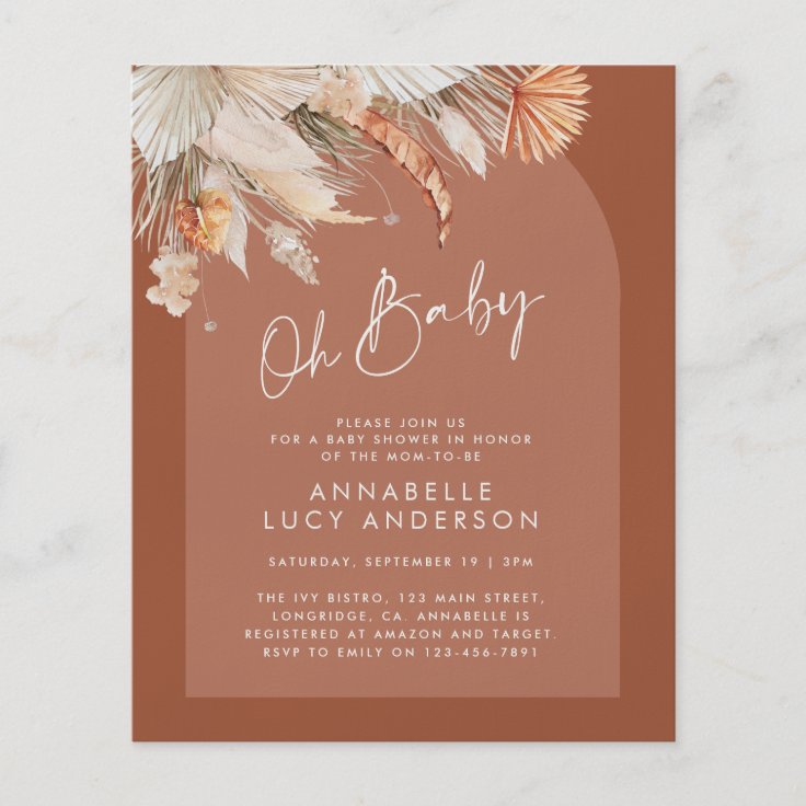 budget terracotta foliage baby shower invitation flyer | Zazzle