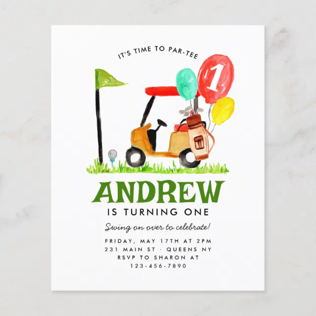 Budget Time to Par-tee Cart Balloon Golf Birthday Flyer | Zazzle