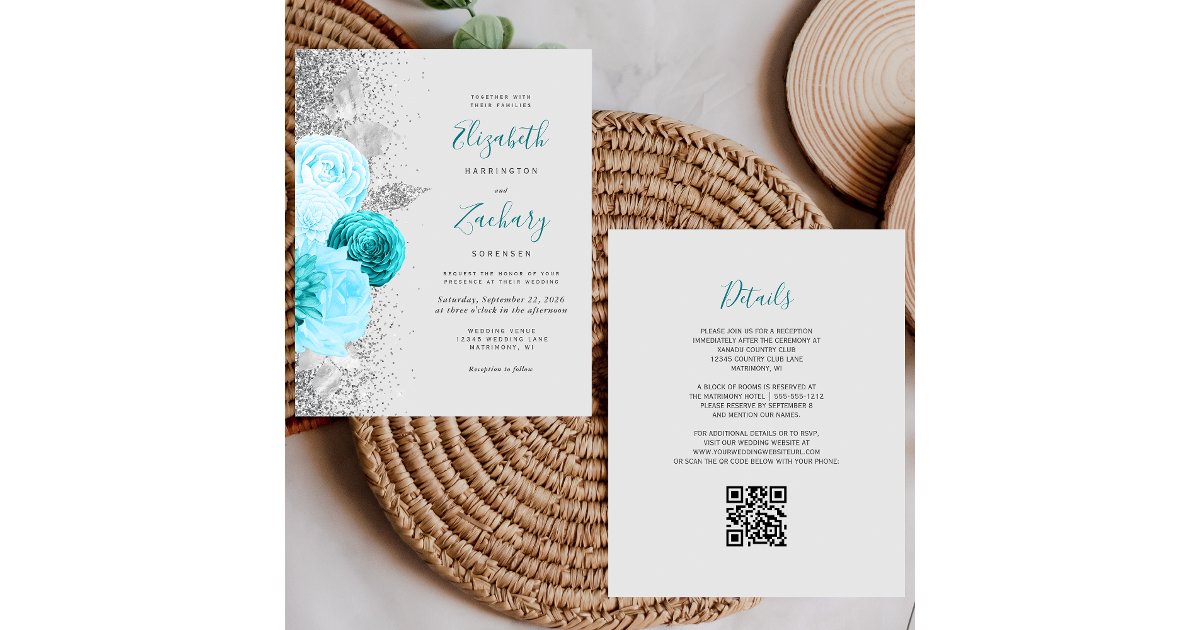 Budget Turquoise Floral Silver QR Code Wedding | Zazzle