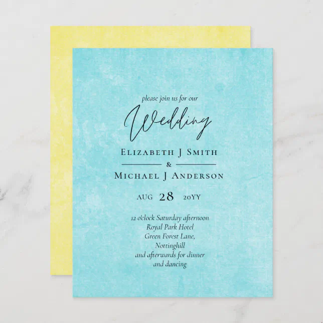 BUDGET Turquoise Yellow Script Wedding | Zazzle