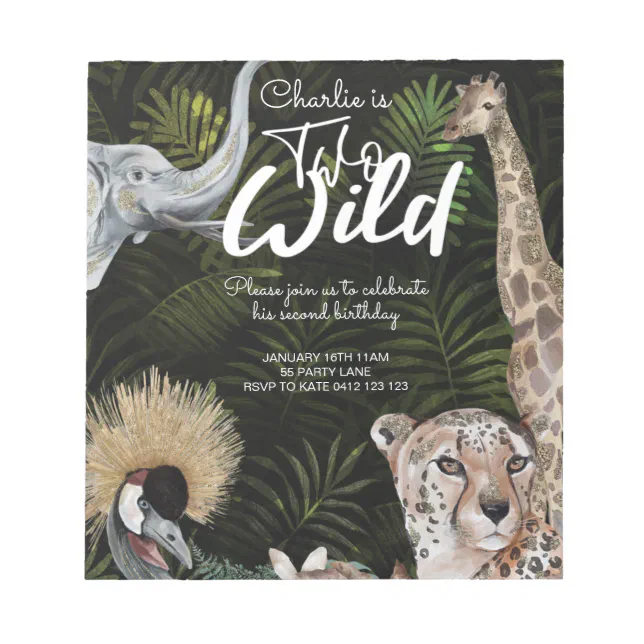 BUDGET Two Wild Gold Jungle Birthday Invitation Notepad | Zazzle