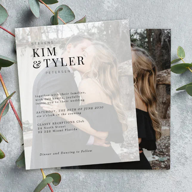 Budget typography photo overlay wedding invitation | Zazzle