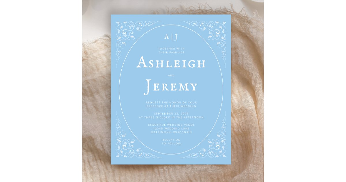 Budget Vintage Foliage Baby Blue Wedding Invite | Zazzle