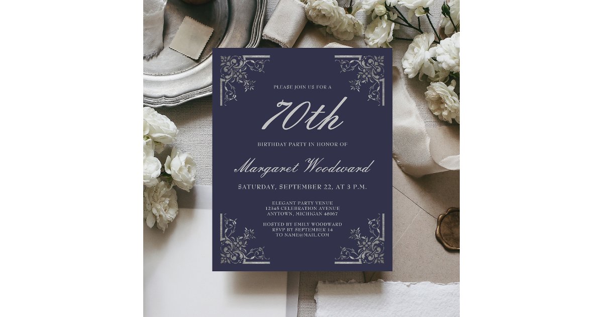 Budget Vintage Navy Silver Birthday Invitation | Zazzle