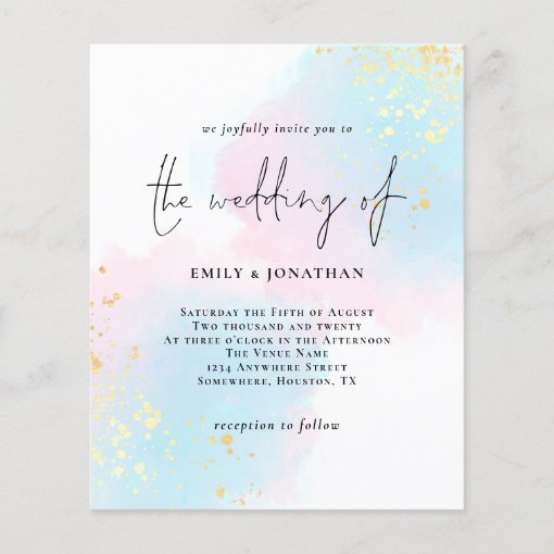 Budget Watercolor Pink Blue Wedding Invitation | Zazzle
