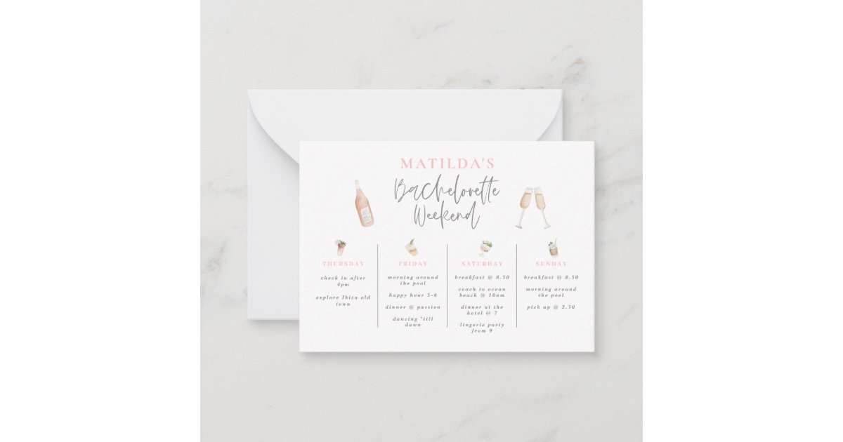budget watercolor pink girl bachelorette itinerary note card | Zazzle