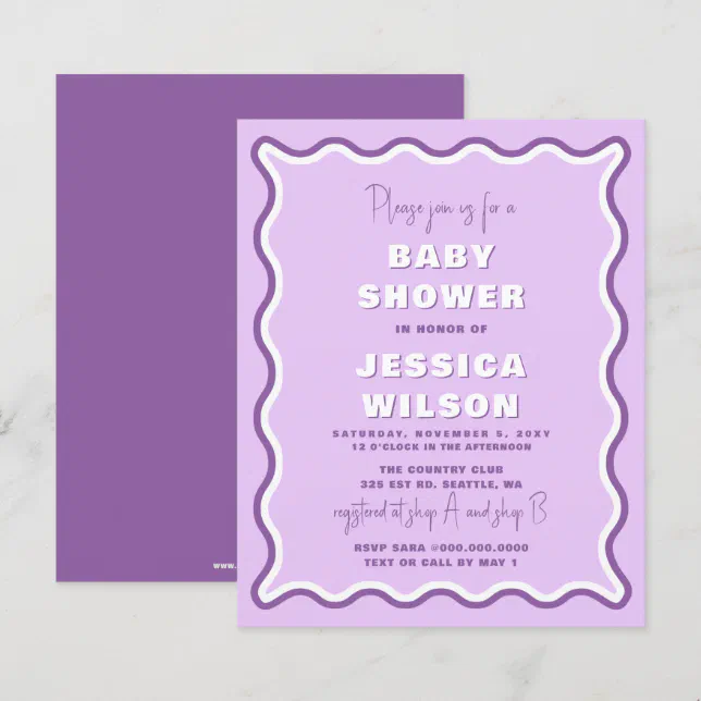 Budget Wavy Purple Girl Baby Shower Invitation | Zazzle
