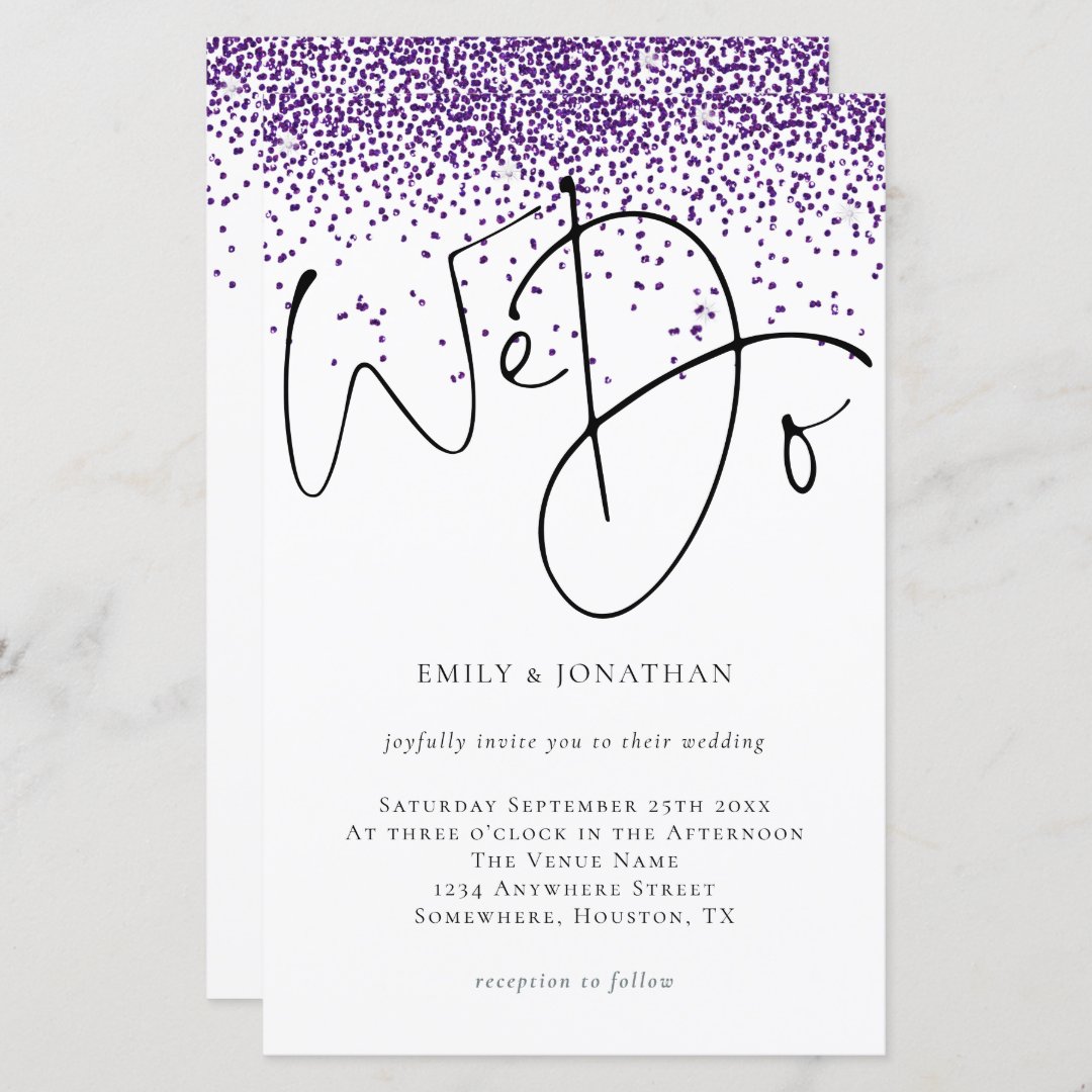Budget We Do Script Purple Glitter Wedding Invite | Zazzle
