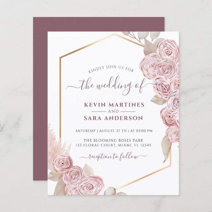 Budget Wedding Blush Pink Floral Gold Invitation Zazzle