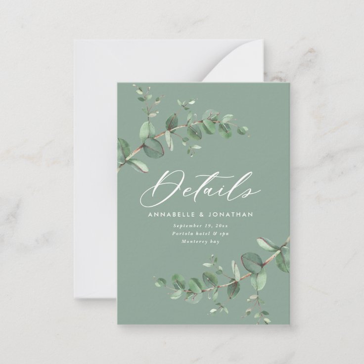 budget wedding eucalyptus sage green details note card | Zazzle