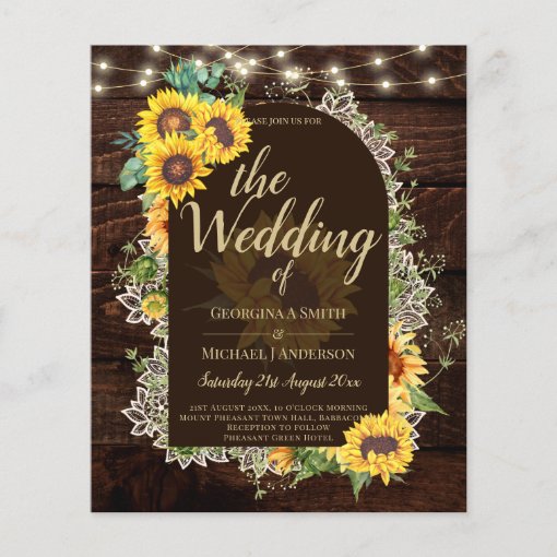 Budget Wedding Invitation Rustic Sunflowers Lace Flyer | Zazzle