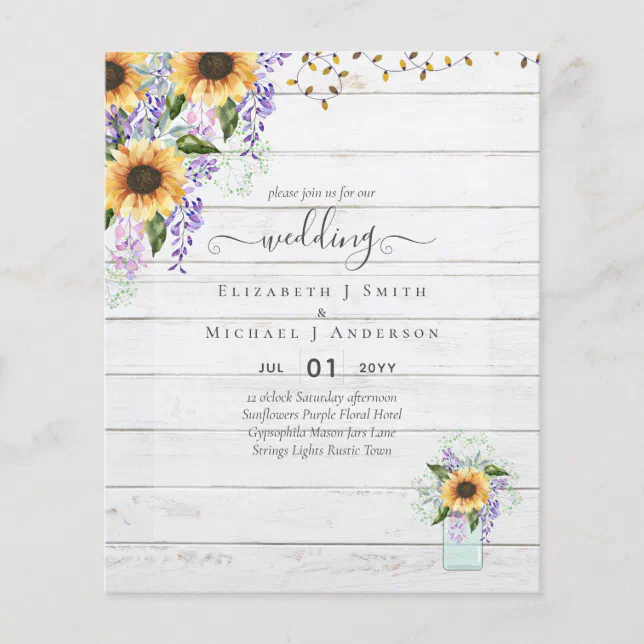 BUDGET WEDDING INVITATIONS Rustic Sunflowers CHIC Flyer | Zazzle