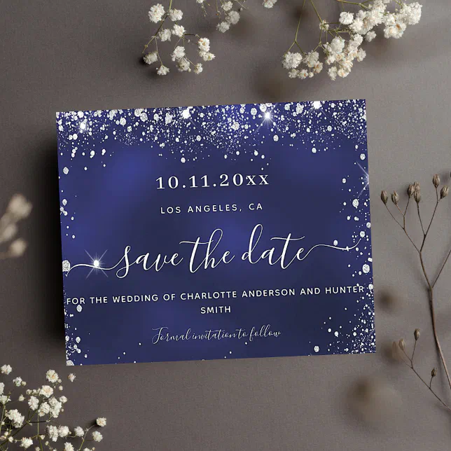 Budget wedding navy blue silver glitter save date | Zazzle