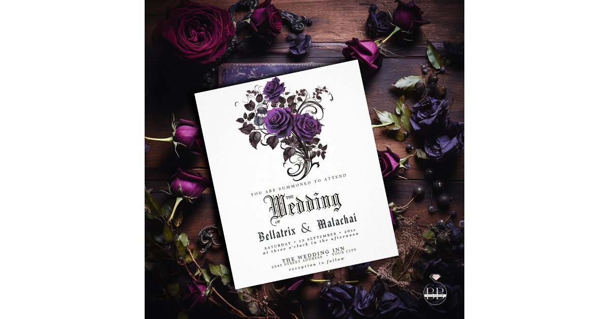 Budget Wedding QR Code Gothic Deep Amethyst Roses Flyer | Zazzle