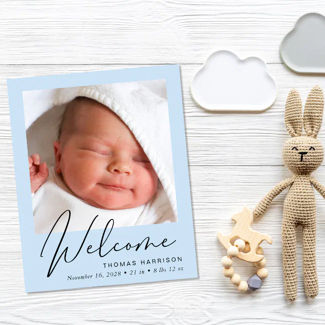 Budget Welcome 4 Photo Blue Birth Announcement | Zazzle