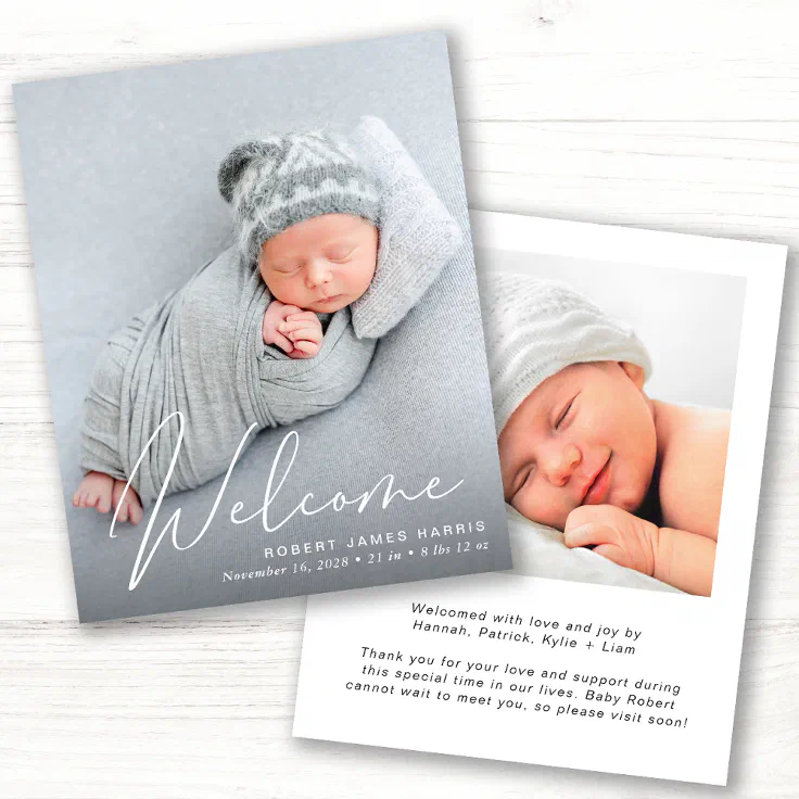 Budget Welcome Script Photo Birth Announcement | Zazzle