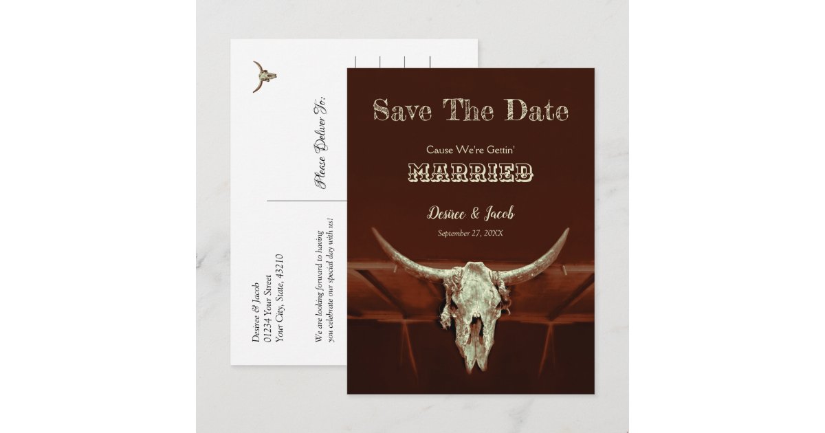 Budget Western Wedding Bull Skull Save The Date Postcard | Zazzle