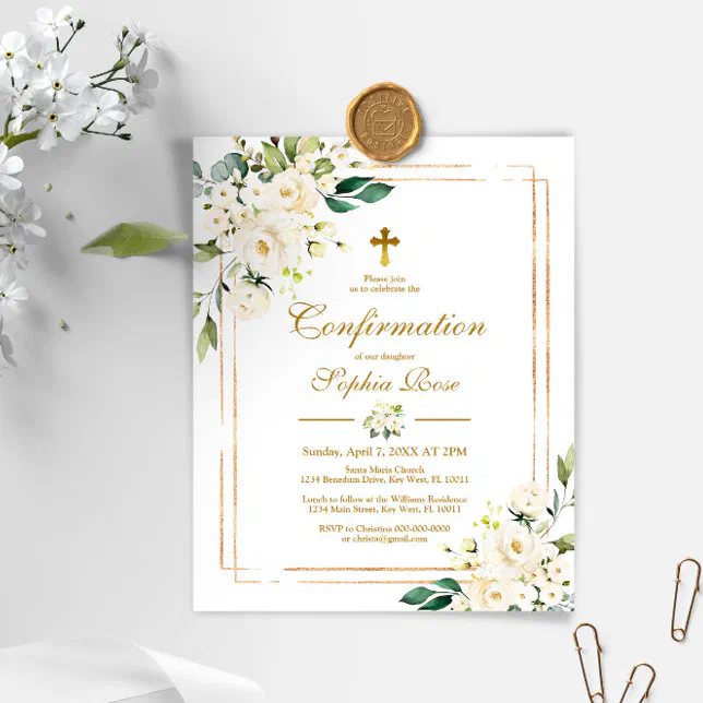 Budget White Flowers Gold Confirmation Invitation | Zazzle