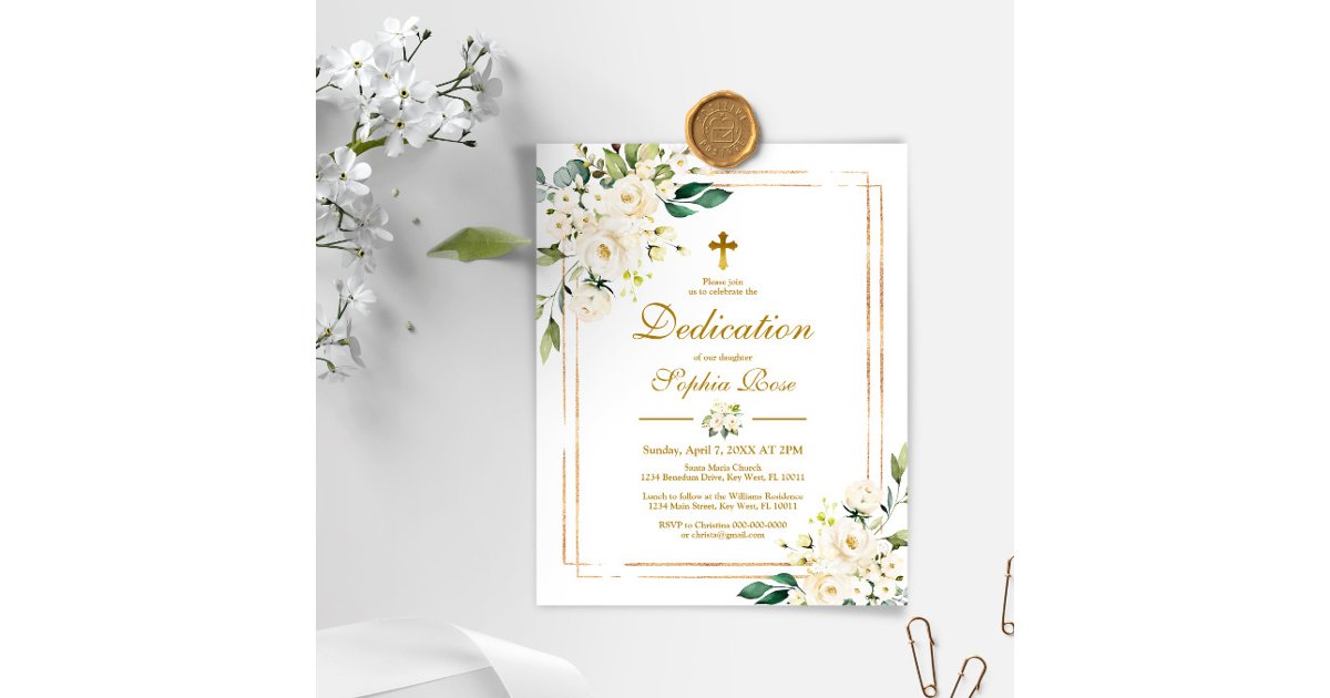 Budget White Flowers & Gold Dedication Invitation | Zazzle